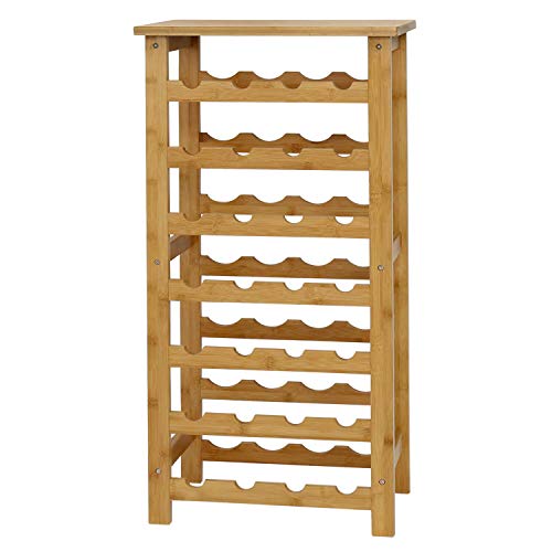 Kinbor 7-Tier Bamboo Wine Rack with Display Shelf, Standing Storage Organizer with 28 Bottles Holder for Bar, Wine Cellar, Basement, Living Room, Pantry, Kitchen