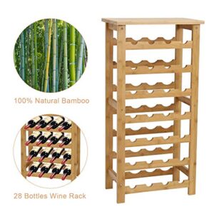 Kinbor 7-Tier Bamboo Wine Rack with Display Shelf, Standing Storage Organizer with 28 Bottles Holder for Bar, Wine Cellar, Basement, Living Room, Pantry, Kitchen