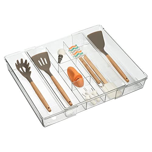 mDesign Dual Expandable Plastic In-Drawer Utensil Organizer Tray Deep 5 Section Divided for Kitchen Organization; Holds Cutlery, Flatware, Silverware, Cooking Utensils, Ligne Collection, Clear