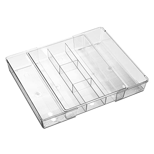 mDesign Dual Expandable Plastic In-Drawer Utensil Organizer Tray Deep 5 Section Divided for Kitchen Organization; Holds Cutlery, Flatware, Silverware, Cooking Utensils, Ligne Collection, Clear