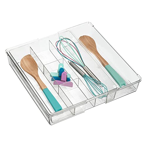 mDesign Dual Expandable Plastic In-Drawer Utensil Organizer Tray Deep 5 Section Divided for Kitchen Organization; Holds Cutlery, Flatware, Silverware, Cooking Utensils, Ligne Collection, Clear