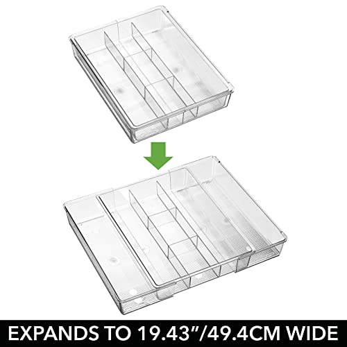 mDesign Dual Expandable Plastic In-Drawer Utensil Organizer Tray Deep 5 Section Divided for Kitchen Organization; Holds Cutlery, Flatware, Silverware, Cooking Utensils, Ligne Collection, Clear