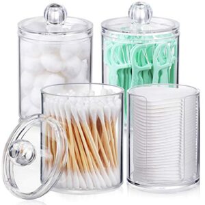 aozita 4 pcs, 10 oz qtip holder dispenser for cotton ball, cotton swab, cotton round pads, floss – clear plastic apothecary jar set for bathroom canister storage organization, vanity makeup organizer