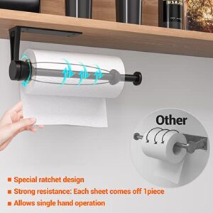 Paper Towel Holder Under Cabinet, Single Hand Operable Wall Mount Paper Towel Holder with Damping Effect, Self-Adhesive or Drilled for Kitchen Bathroom, Black