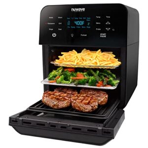 nuwave brio air fryer smart oven, 15.5-qt x-large family size, countertop convection rotisserie grill combo, ss rotisserie basket & skewer kit, reversible ultra non-stick grill griddle plate included