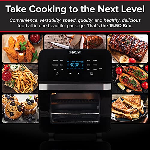 Nuwave Brio Air Fryer Smart Oven, 15.5-Qt X-Large Family Size, Countertop Convection Rotisserie Grill Combo, SS Rotisserie Basket & Skewer Kit, Reversible Ultra Non-Stick Grill Griddle Plate Included