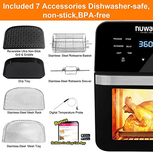 Nuwave Brio Air Fryer Smart Oven, 15.5-Qt X-Large Family Size, Countertop Convection Rotisserie Grill Combo, SS Rotisserie Basket & Skewer Kit, Reversible Ultra Non-Stick Grill Griddle Plate Included