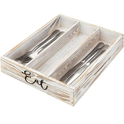 MyGift 3 Slot Shabby Whitewashed Wood EAT Tabletop Dining Utensil Cutlery Tray, Cabinet, Drawer Storage Organizer for Forks, Knives and Spoons