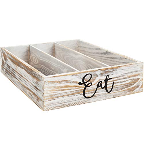 MyGift 3 Slot Shabby Whitewashed Wood EAT Tabletop Dining Utensil Cutlery Tray, Cabinet, Drawer Storage Organizer for Forks, Knives and Spoons