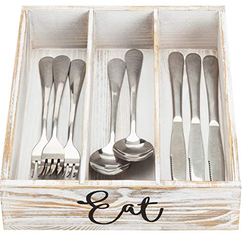 MyGift 3 Slot Shabby Whitewashed Wood EAT Tabletop Dining Utensil Cutlery Tray, Cabinet, Drawer Storage Organizer for Forks, Knives and Spoons