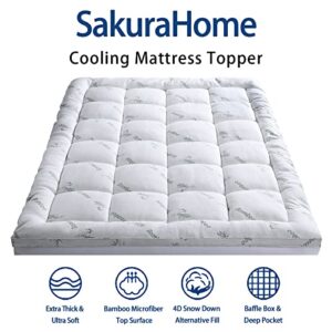 Bamboo Mattress Topper Queen Size , Cooling Extra Thick Breathable Mattress pad, Soft Quilted Fitted Mattress Cover with 5D Snow Down Alternative Fill (8-21”Deep Pocket)