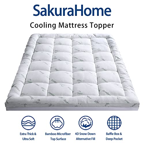 Bamboo Mattress Topper Queen Size , Cooling Extra Thick Breathable Mattress pad, Soft Quilted Fitted Mattress Cover with 5D Snow Down Alternative Fill (8-21”Deep Pocket)