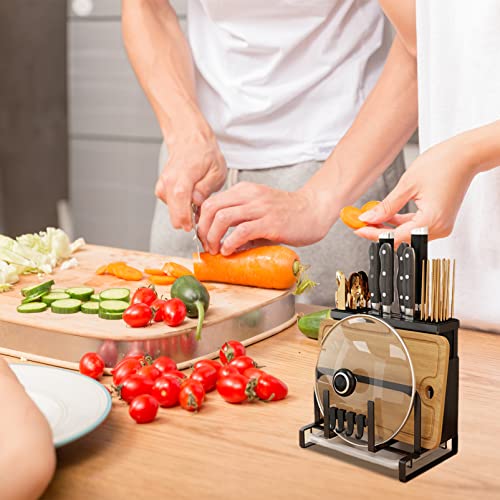 Cabilock 1 Set Knife Block Cutting Board Holder Wall Mounted Pan Pot Lid Holder Cutlery Organizer Kitchen Storage Display Stand Black