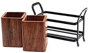 Will and Weaves Wooden Cutlery Holder Spoon Holder Cutlery Organizer Wood Cutlery Stand with Black Iron Stand