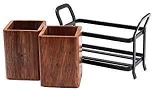 Will and Weaves Wooden Cutlery Holder Spoon Holder Cutlery Organizer Wood Cutlery Stand with Black Iron Stand