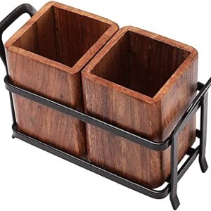 Will and Weaves Wooden Cutlery Holder Spoon Holder Cutlery Organizer Wood Cutlery Stand with Black Iron Stand