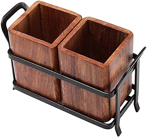 Will and Weaves Wooden Cutlery Holder Spoon Holder Cutlery Organizer Wood Cutlery Stand with Black Iron Stand