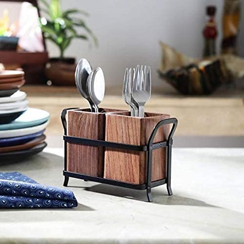 Will and Weaves Wooden Cutlery Holder Spoon Holder Cutlery Organizer Wood Cutlery Stand with Black Iron Stand