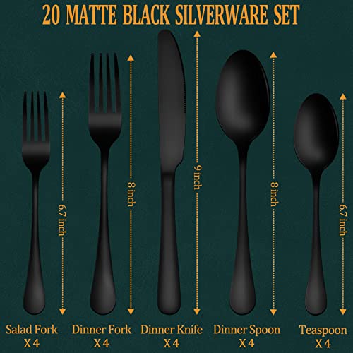 20 Piece Matte Black Silverware Set Service for 4,Stainless Steel Flatware Set,Kitchen Tableware Set,Cutlery Set for Home and Restaurant,Include Knife Fork Spoon Set,Satin Finish,Dishwasher Safe