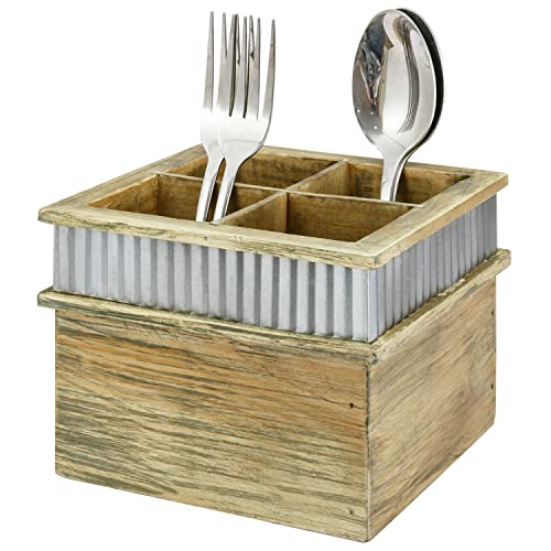 MyGift Rustic Brown Wood Kitchen Utensil Holder for Countertop with 4 Compartments and Corrugated Galvanized Metal Panel Design, Silverware and Flatware Storage Organizer