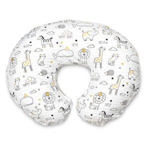 boppy nursing pillow and positioner – original, notebook black and white with gold animals, breastfeeding, bottle feeding, baby support, with removable cotton blend cover, awake-time support