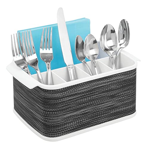 mDesign Plastic Cutlery Storage Organizer Caddy Tote Bin with Handles for Kitchen Cabinet or Pantry - Holds Forks, Knives, Spoons, Napkins - Indoor or Outdoor Use, Woven Accent - White/Graphite Gray