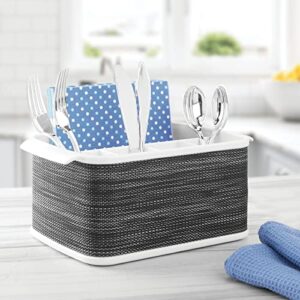 mDesign Plastic Cutlery Storage Organizer Caddy Tote Bin with Handles for Kitchen Cabinet or Pantry - Holds Forks, Knives, Spoons, Napkins - Indoor or Outdoor Use, Woven Accent - White/Graphite Gray