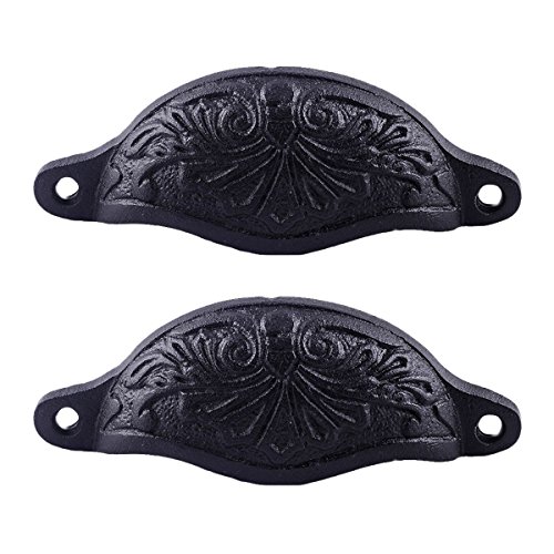 Renovators Supply Manufacturing Antique Black Cabinet Drawer Cup Bin Pull Wrought Iron 4.5" W x 1.5" H Kitchen Dresser Handles Rust Resistant Powder Coated Unique Pulls with Hardware Pack of 2