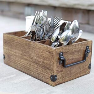 Mango Wood Utensils Caddy, Holder for Spoons, Forks, Knives, Salt Pepper, Napkins, Silverware Organizer, Flatware Holder (10.5 X 6.5 X 4.5 Inches)