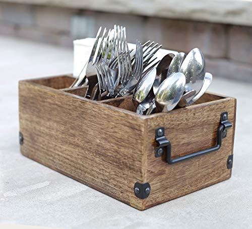 Mango Wood Utensils Caddy, Holder for Spoons, Forks, Knives, Salt Pepper, Napkins, Silverware Organizer, Flatware Holder (10.5 X 6.5 X 4.5 Inches)