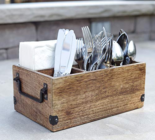 Mango Wood Utensils Caddy, Holder for Spoons, Forks, Knives, Salt Pepper, Napkins, Silverware Organizer, Flatware Holder (10.5 X 6.5 X 4.5 Inches)