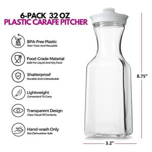 DilaBee Plastic Water Pitcher With Lid - 6 Pack - 32 Oz Carafe Pitchers for Drinks, Milk, Smoothie, Iced Tea Pitcher, Mimosa Bar Supplies - Juice Containers with Lids for Fridge - Food Grade BPA-Free