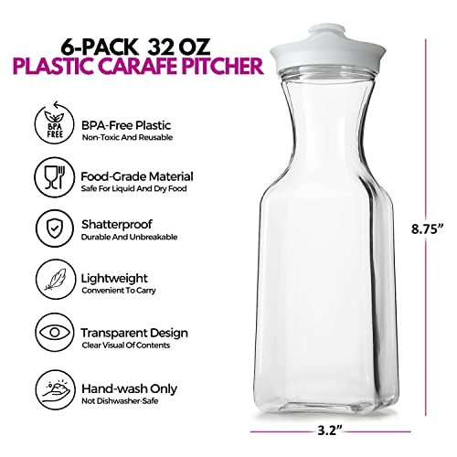 DilaBee Plastic Water Pitcher With Lid - 6 Pack - 32 Oz Carafe Pitchers for Drinks, Milk, Smoothie, Iced Tea Pitcher, Mimosa Bar Supplies - Juice Containers with Lids for Fridge - Food Grade BPA-Free