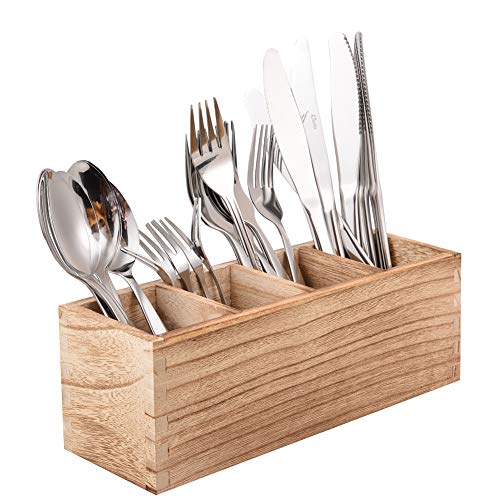 WuGeShop Wood Cutlery Caddy, Kitchen Utensil Organizer with 4 Adjustable Smart Compartments, Silverware Storage Kitchen Countertop Flatware Organizer