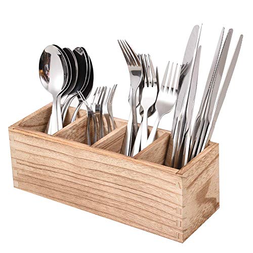 WuGeShop Wood Cutlery Caddy, Kitchen Utensil Organizer with 4 Adjustable Smart Compartments, Silverware Storage Kitchen Countertop Flatware Organizer