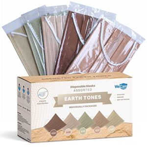 wecare disposable face mask individually wrapped – 50 pack, assorted earth tone print masks – 3 ply