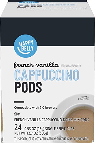 Amazon Brand - Happy Belly Cappuccino Coffee Pods Compatible with 2.0 K-Cup Brewers, French Vanilla Flavored, 24 Count