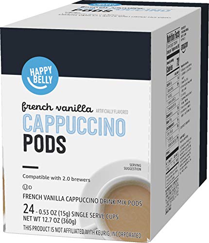 Amazon Brand - Happy Belly Cappuccino Coffee Pods Compatible with 2.0 K-Cup Brewers, French Vanilla Flavored, 24 Count