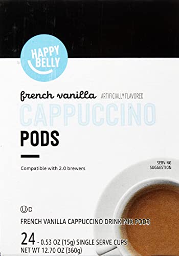 Amazon Brand - Happy Belly Cappuccino Coffee Pods Compatible with 2.0 K-Cup Brewers, French Vanilla Flavored, 24 Count