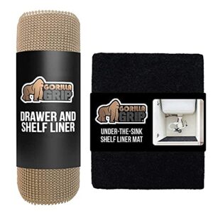 gorilla grip drawer liner and under sink mat, drawer liner size 12×20 in beige, and under sink mat size 24×40 in black, 2 item bundle