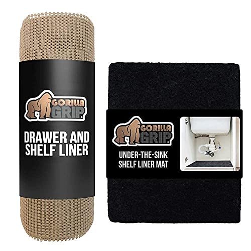 Gorilla Grip Drawer Liner and Under Sink Mat, Drawer Liner Size 12x20 in Beige, and Under Sink Mat Size 24x40 in Black, 2 Item Bundle