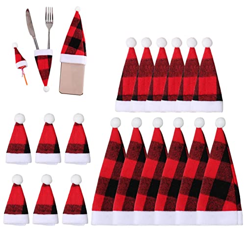 Santa Hat Silverware Holders - Plaid Christmas Santa Hats Silverware Holders - Christmas Silverware Holder Pockets Mini Santa Hats for Candy, Red Wine Bottle Cutlery Party Dinner Table