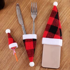 Santa Hat Silverware Holders - Plaid Christmas Santa Hats Silverware Holders - Christmas Silverware Holder Pockets Mini Santa Hats for Candy, Red Wine Bottle Cutlery Party Dinner Table