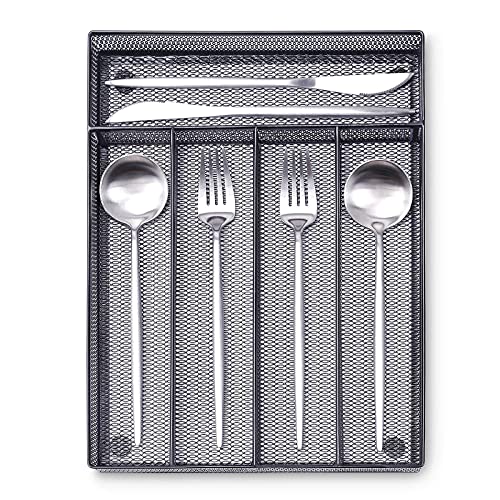 WuGeShop Silverware Drawer Organizer Black, Kitchen Drawer Organizer Metal Mesh Utensil Tray Non-Slip Cutlery Tray, 5 Compartments