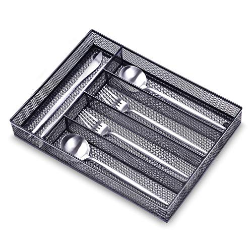 WuGeShop Silverware Drawer Organizer Black, Kitchen Drawer Organizer Metal Mesh Utensil Tray Non-Slip Cutlery Tray, 5 Compartments