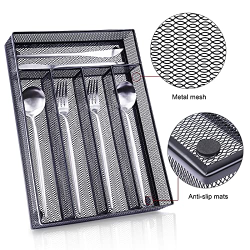 WuGeShop Silverware Drawer Organizer Black, Kitchen Drawer Organizer Metal Mesh Utensil Tray Non-Slip Cutlery Tray, 5 Compartments