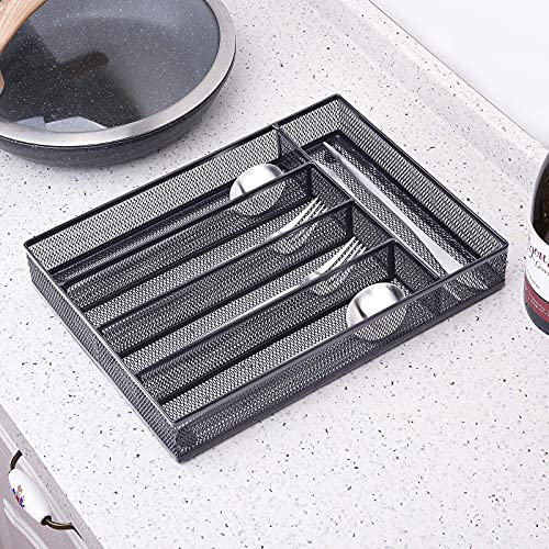 WuGeShop Silverware Drawer Organizer Black, Kitchen Drawer Organizer Metal Mesh Utensil Tray Non-Slip Cutlery Tray, 5 Compartments