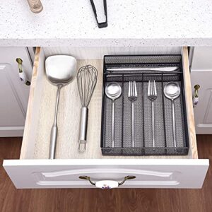 WuGeShop Silverware Drawer Organizer Black, Kitchen Drawer Organizer Metal Mesh Utensil Tray Non-Slip Cutlery Tray, 5 Compartments