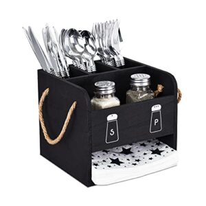 ikee design wooden utensil caddy flatware holder with handles – utensil holder for spoons, knives, forks, salt pepper shakers, napkins for dining room, restaurant and kitchen, 7.13”w x 6.63”d x 7.5”h