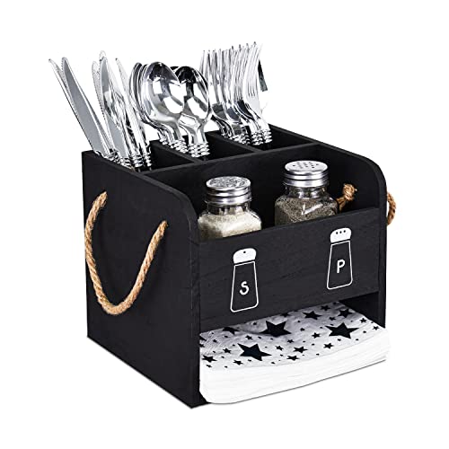 Ikee Design Wooden Utensil Caddy Flatware Holder with Handles - Utensil Holder for Spoons, Knives, Forks, Salt Pepper Shakers, Napkins for Dining Room, Restaurant and Kitchen, 7.13”W x 6.63”D x 7.5”H